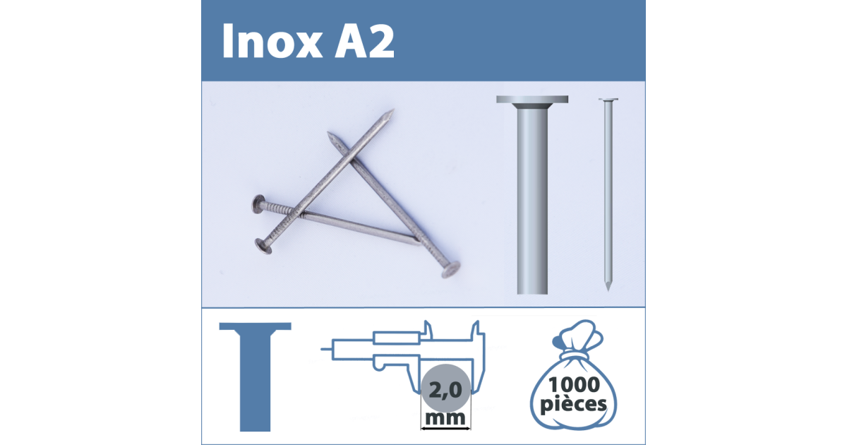 Pointe Inox Tête Plate Lisse | Inox A2 | Ø 2.0 | 1000 pièces | Pointes ...