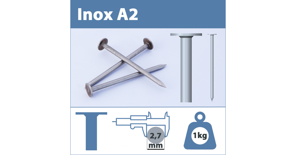 Pointe Inox Lisse Tête Plate large | Inox A2 | Ø 2.7 | 1 Kg | Pointes ...