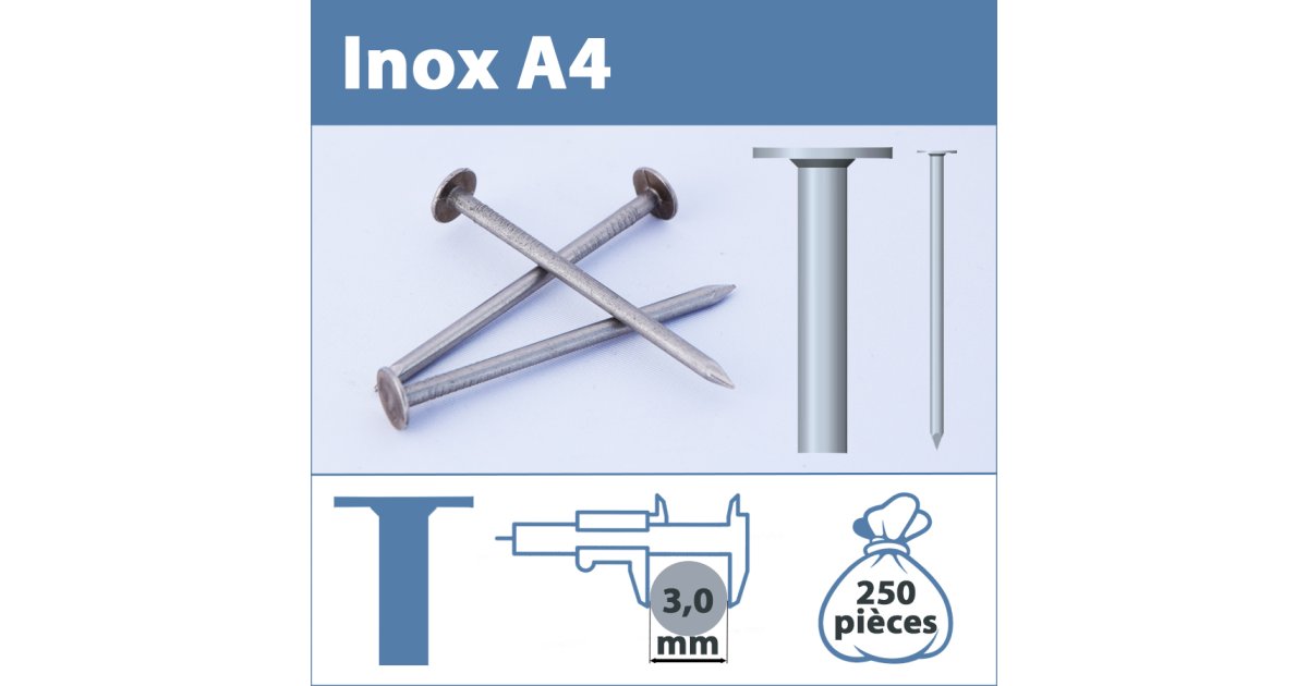 Pointe Inox A4 Ø 3 Lisse tête Plate Large 250 pcs - Pointes Direct